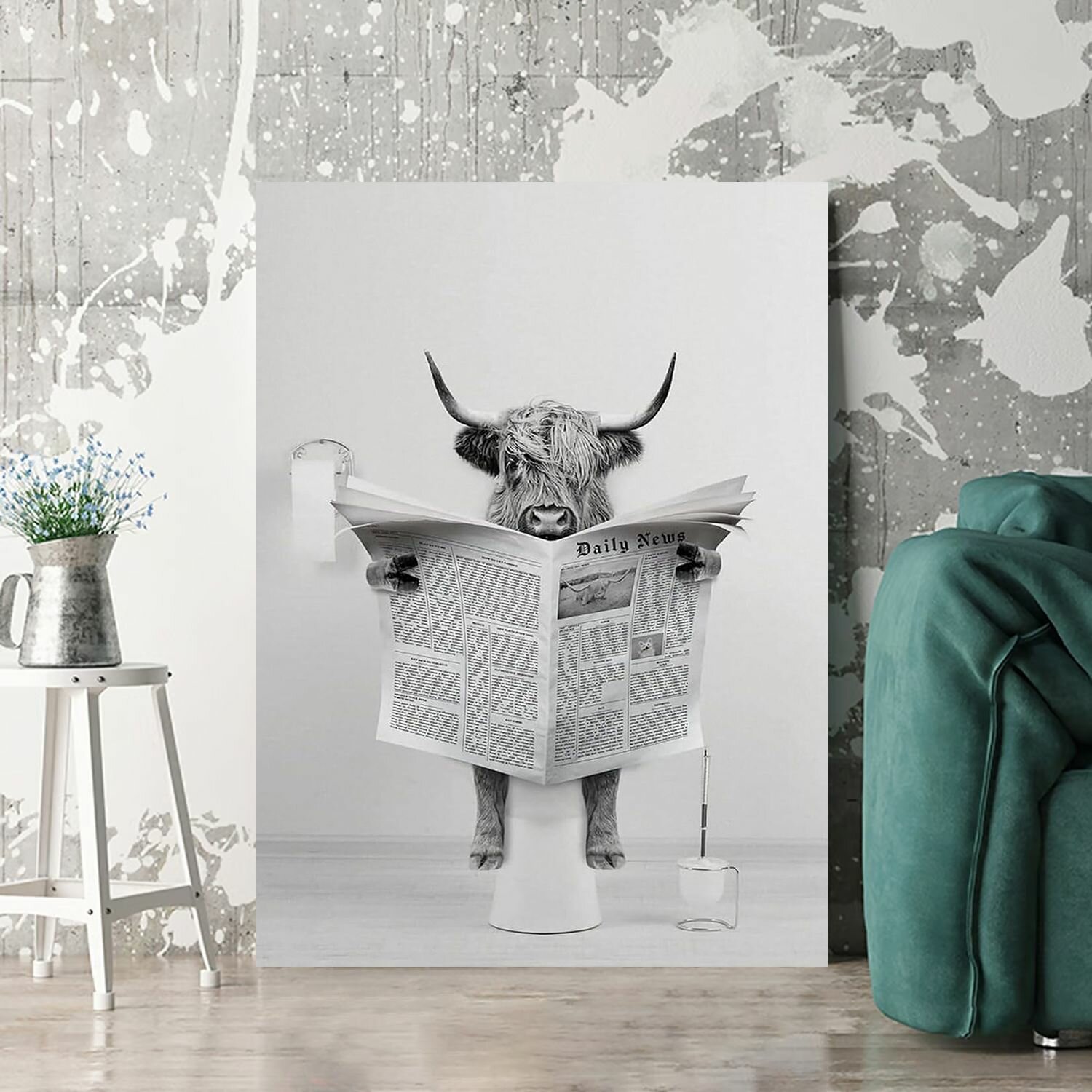 Картина в туалет, ванную комнату Бык читает газету, 20х30 см.