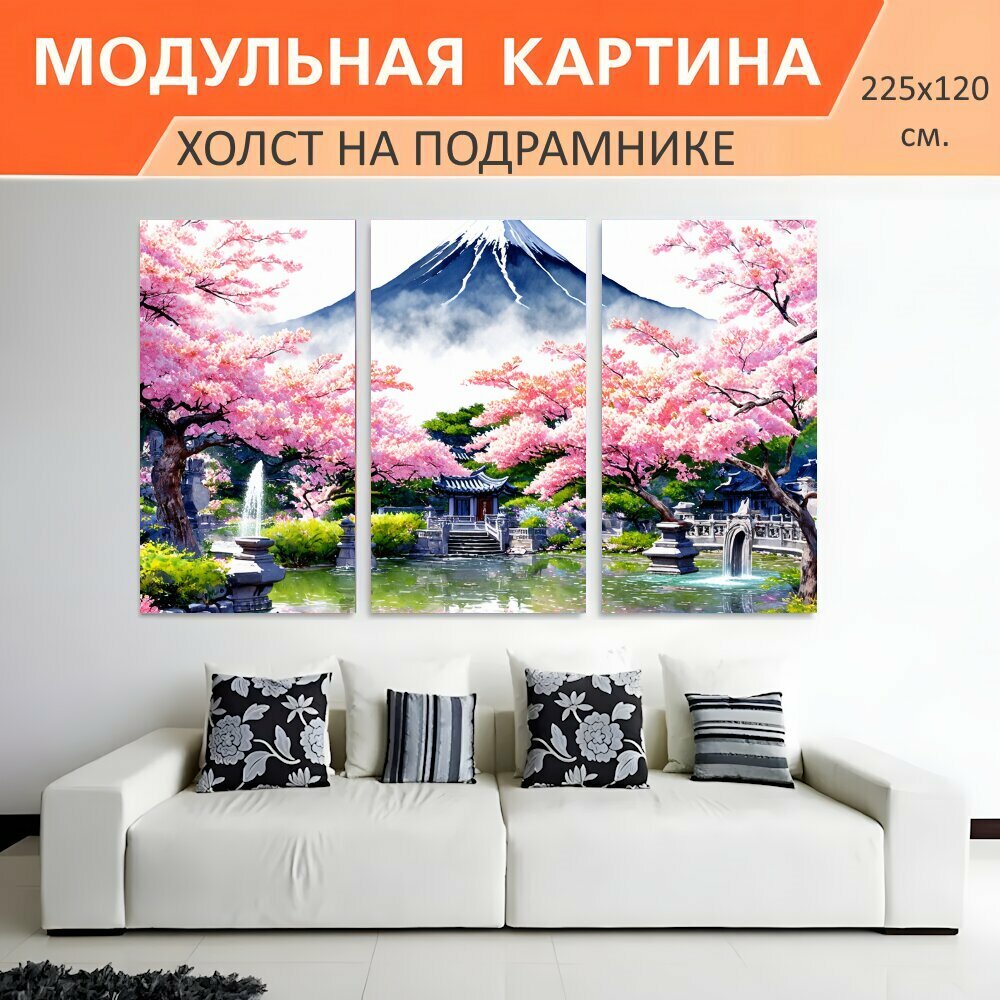 Модульная картина на холсте "Китай: традиционный китайский сад с камнями, фонтанами и прудом, утопающим в лепестках сакуры. на." триптих на подрамнике 225х120 см. для интерьера
