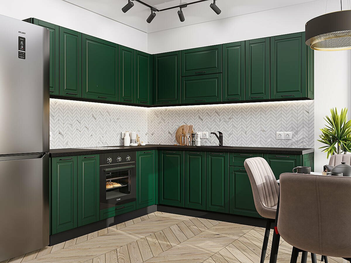 Кухня Дублин-02, цвет фасада Special Green, цвет каркаса Graphite, 2140*2200/2400*600 мм
