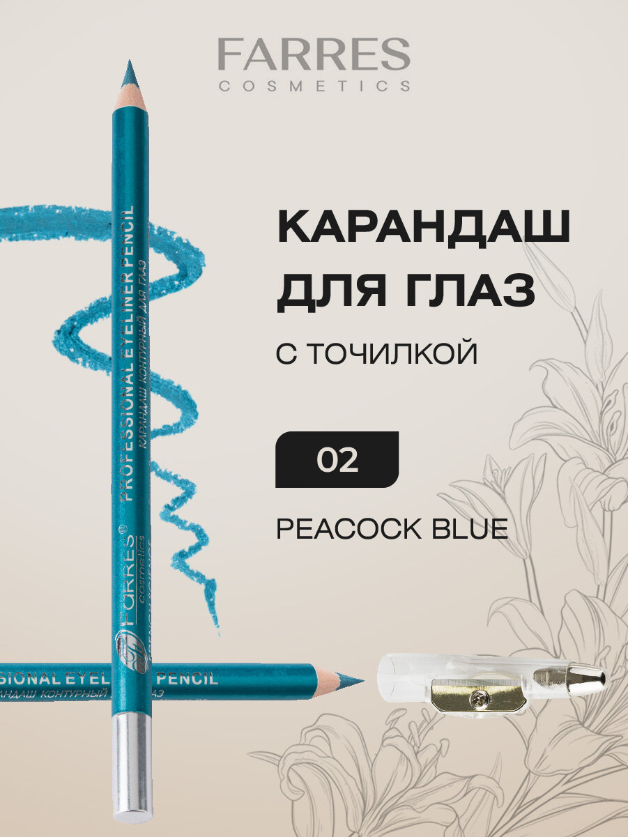 Голубой карандаш для глаз контурный с точилкой, тон 002 peacock blue