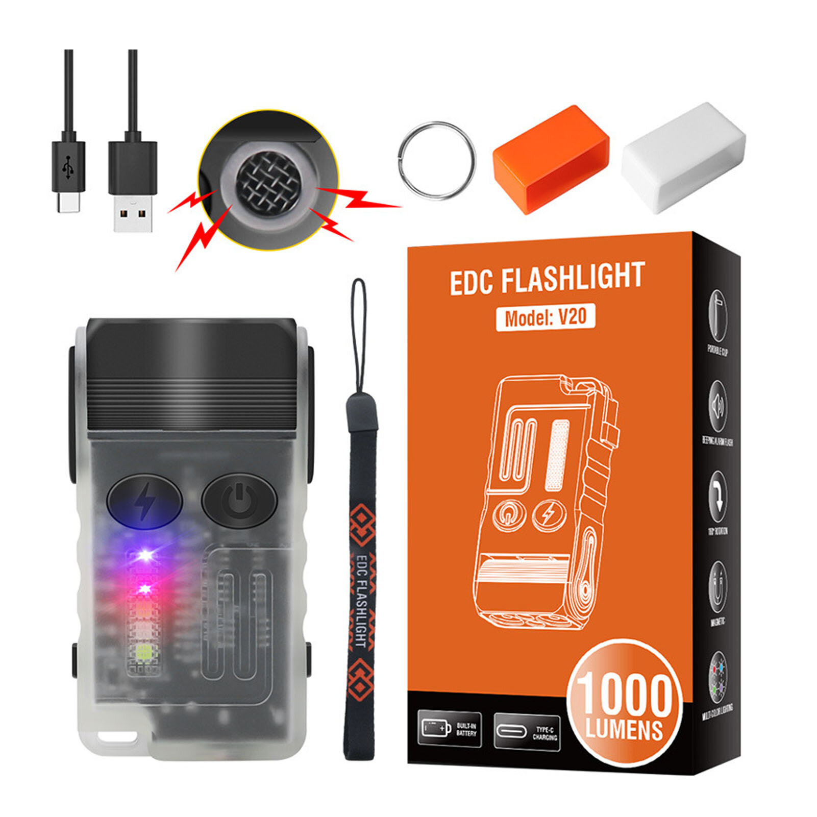 Компактныймощныйсветодиодныйфонарик, многофункциональный, споворотомна180°, звуковойсигнал110дБ, зажимдляношениянапоясе.