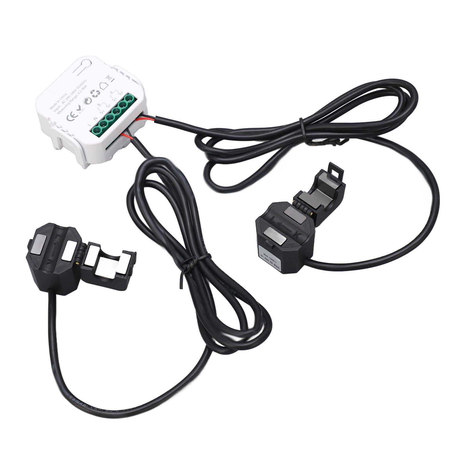 WiFi Smart Energy Monitor Single Phase Clamp Electricity Meter 100‑240V AC для бытовых приборов Черный PJ‑1103A, 2 x 80A, 50 x 45 x 23mm, 10mm, 0.7m, Smart Life, Tuya Smart, Google Home, Amazon, 2.4GHz, 0.2A~80A, ≤ 100W ± 2W, >100W ± 2%, 15 секунд,