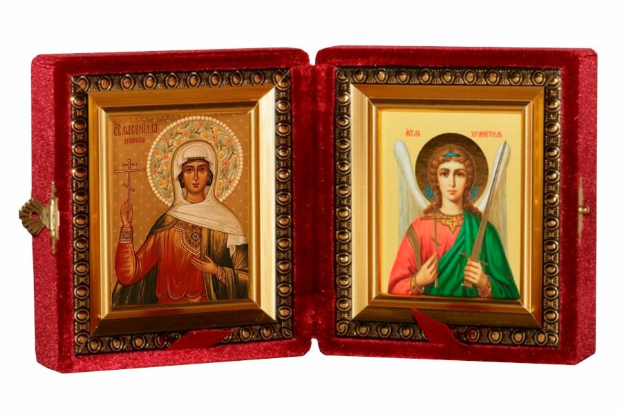 Икона Складень Марионилла Египетская, Мученица и Ангел Хранитель в бархатном футляре, 10х11 см