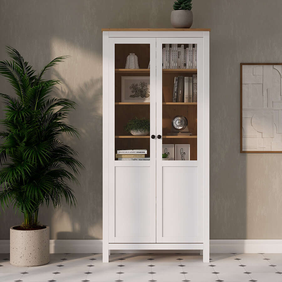 Шкаф-витрина Хемнэс/Кымор, ст/пн 90х197х36 см, белый/светло-коричневый