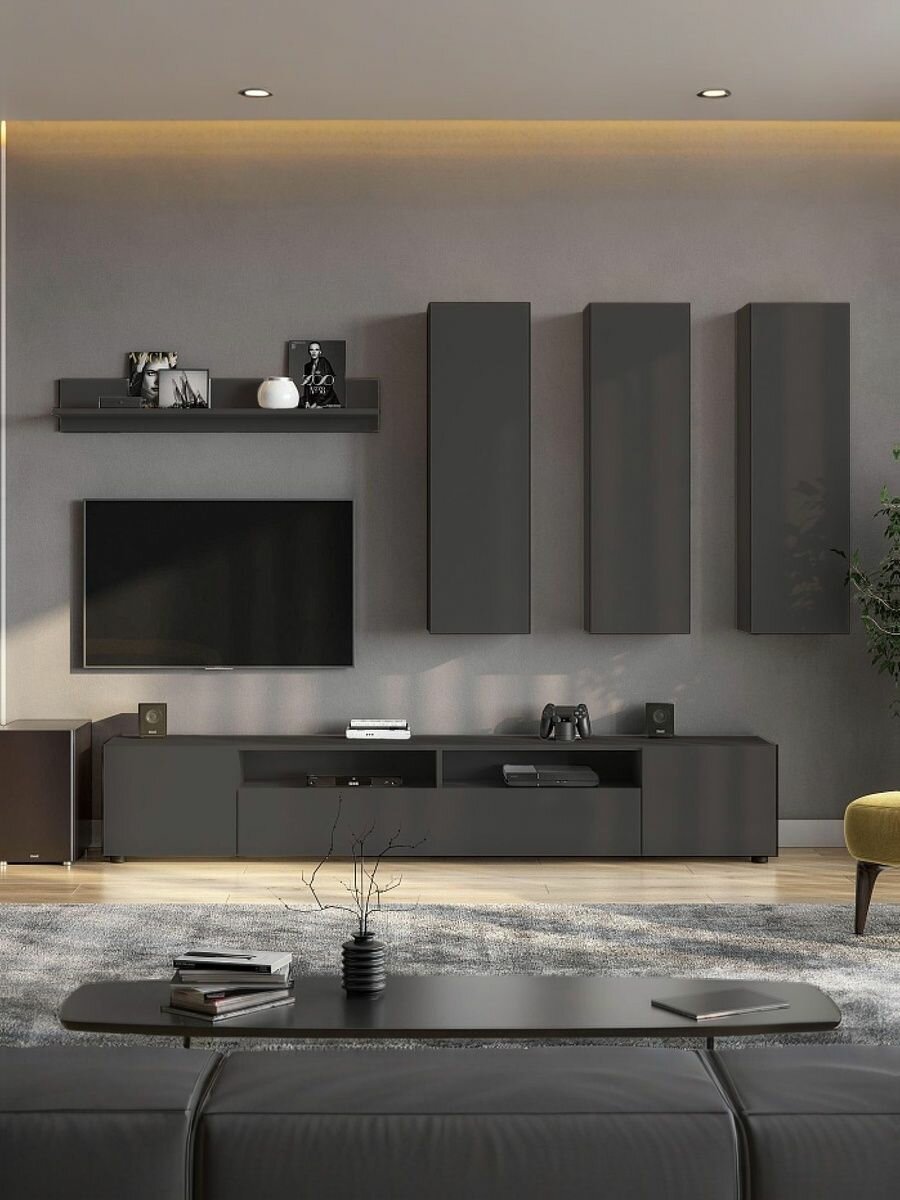 Гостиная-1 графит "ДН" в комплекте (тумба ТВ МС 2/шкаф навесной 3шт./полка навесная)