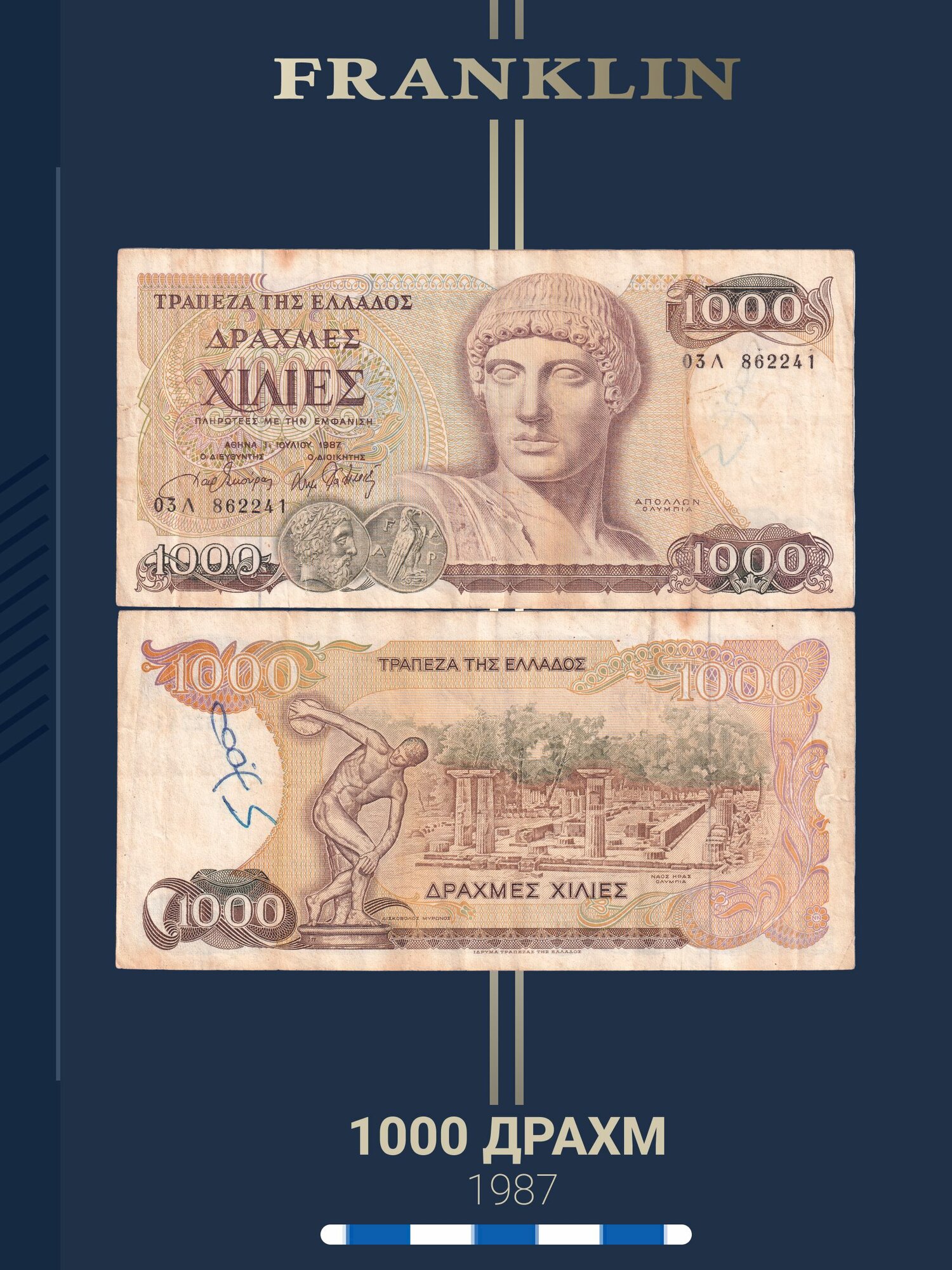 Банкнота Греция 1000 драхм 1987 год (F) Pick 202