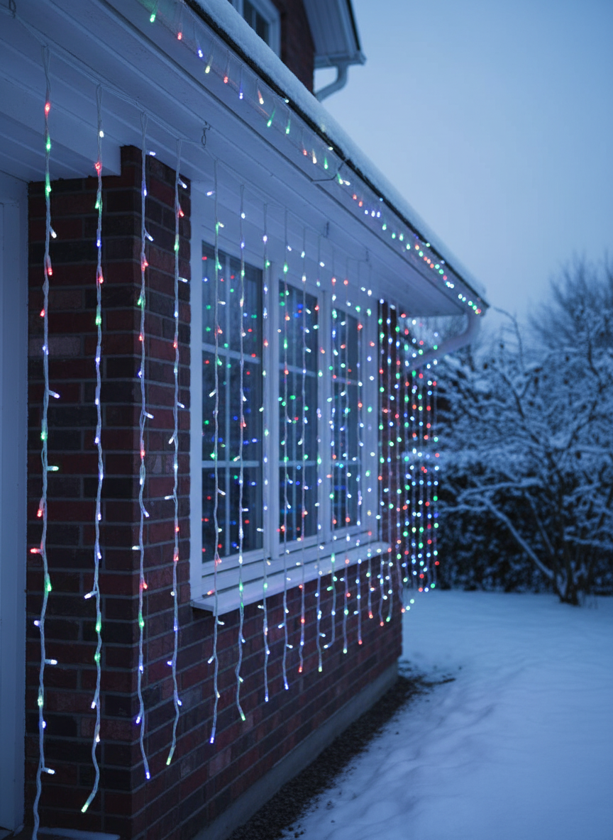 Новогодняя гирлянда уличная - Дождь (занавес), 960 LED, разноцветная, на белом проводе (2.5 м х 2.5 м), 8 режимов