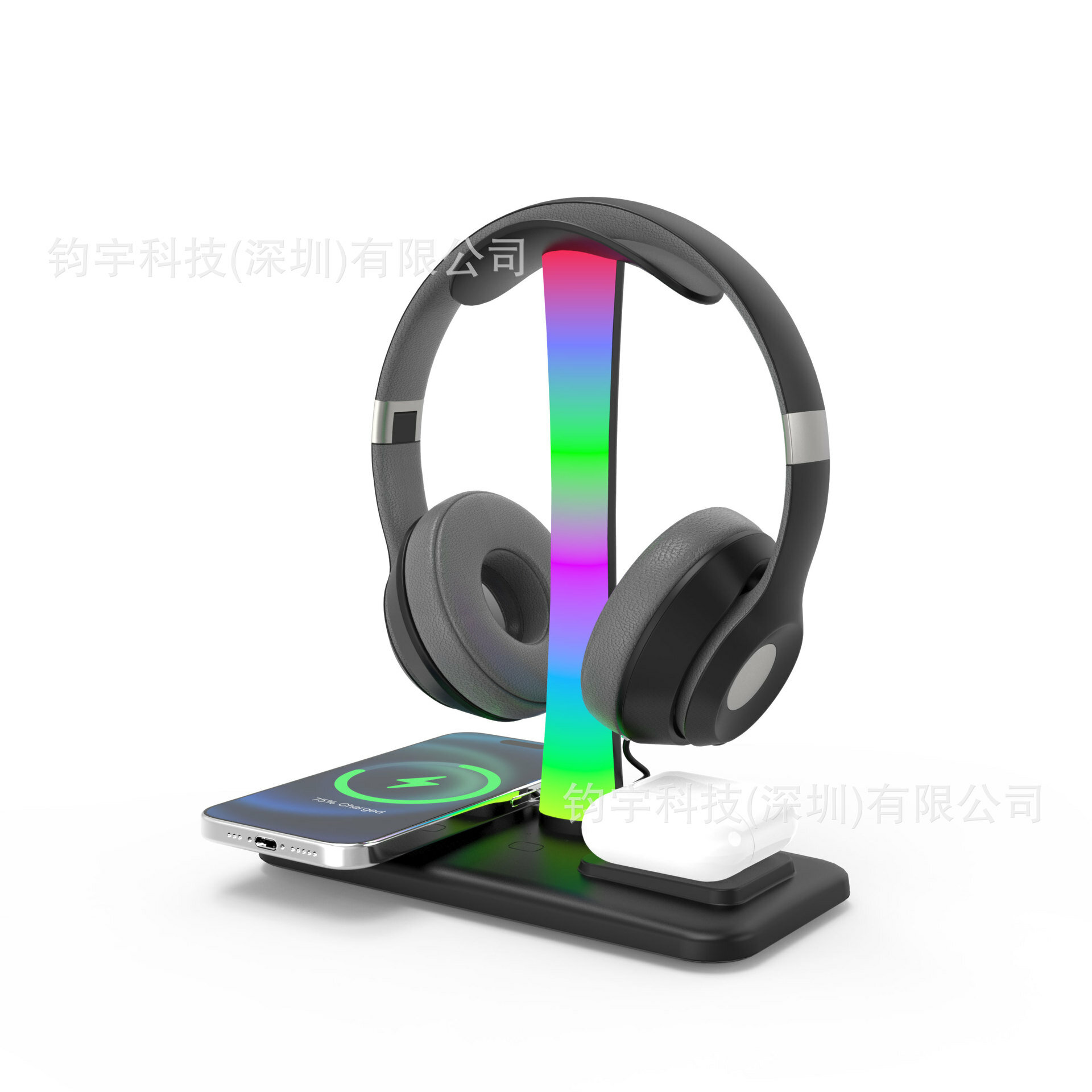 D9 3-в-1 подставка для наушников с RGB-подсветкой и беспроводной зарядкой для смартфонов — Черный