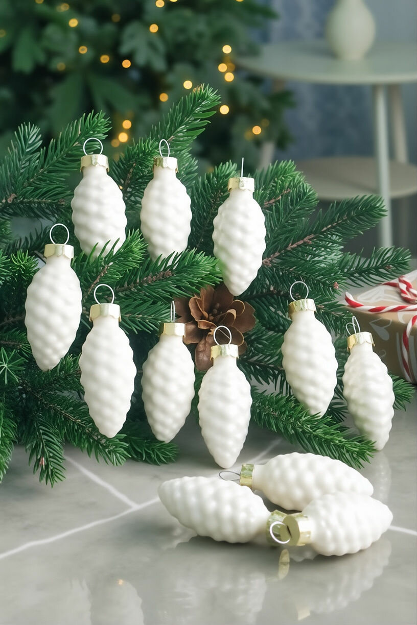 Набор ёлочных игрушек шишки-малышки стеклянные, эмалевые и матовые, цвет: белая шерсть, 60 мм, упаковка 12 шт, Winter Deco 1001404