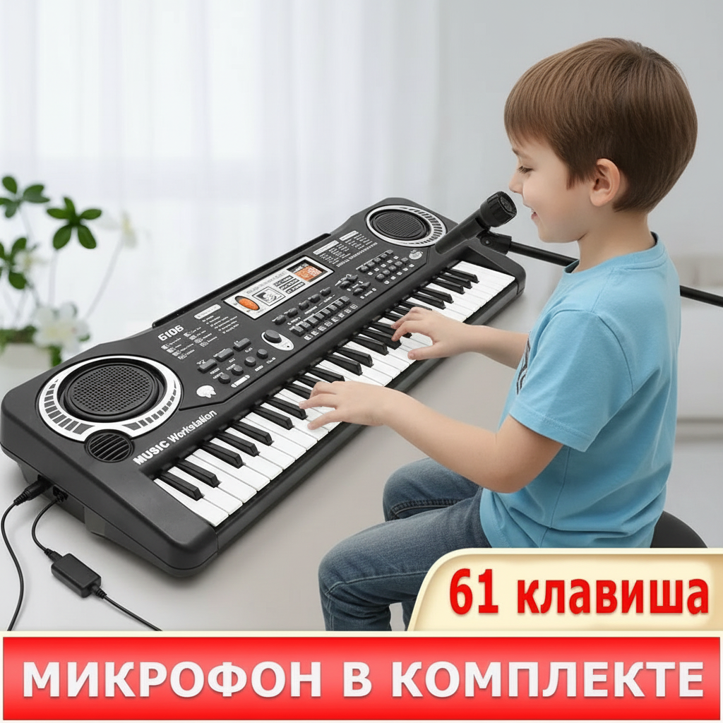 Детский синтезатор-пианино 61 клавиша с микрофоном работает от сети и батареек
