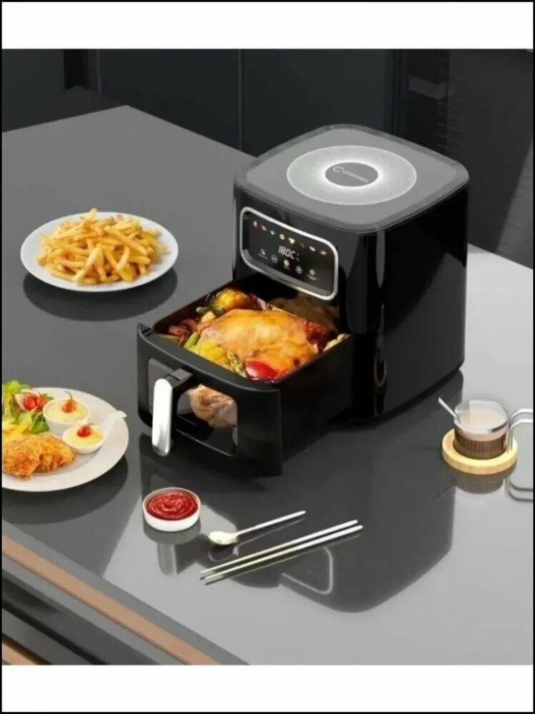 Аэрогриль Аэрогриль Demiand GrandChef 10 л, 1400 Вт, 8 программ + стеклянная чаша, решетка и силиконовая форма в подарок, черный, белый