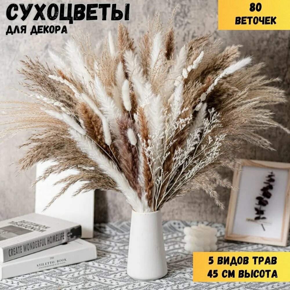 Style-Ru Сухоцветы Краспедия, Лимониум, 45 см, 215 гр, 80 шт