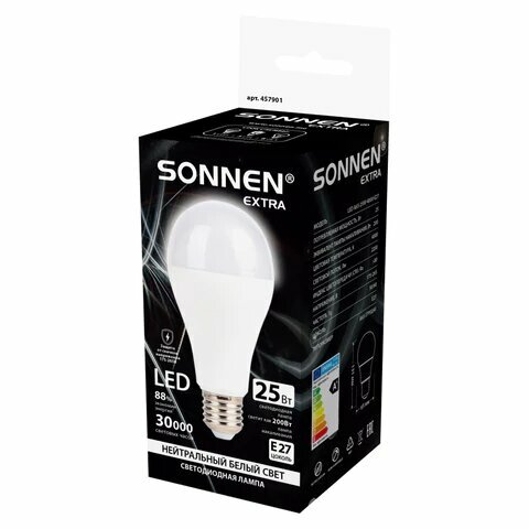 Лампа светодиодная SONNEN EXTRA, 25 (200) Вт, Е27, груша, нейтральный белый, 30000 ч, LED A65-25W-4000-Е27, 457901
