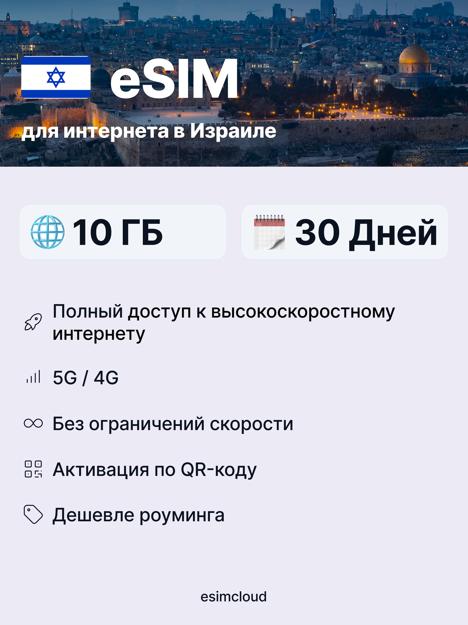 ESIM для Израиля 10 ГБ / 30 дней • Мобильный интернет • Универсальная eSIM • 4G LTE / 5G • Смартфон и планшет
