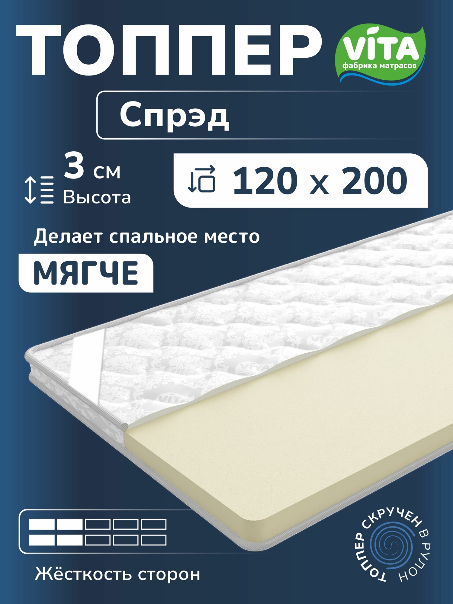 Топпер 120х200 VITA Спрэд 30 мм анатомический, гипоаллергенный, хлопковый чехол