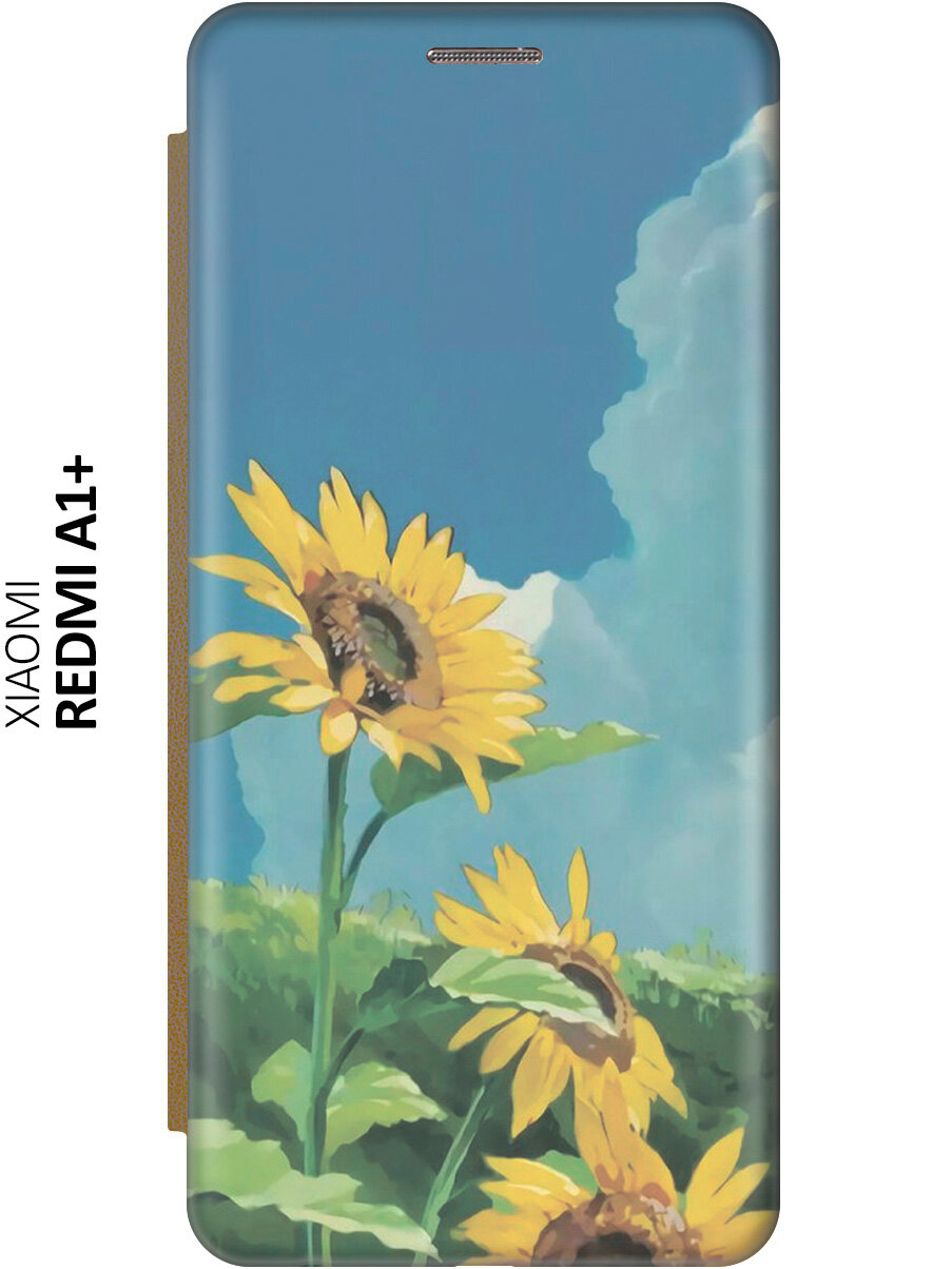 Чехол-книжка Три подсолнуха в поле на Xiaomi Redmi A1+ / Сяоми Редми А1 Плюс золотой