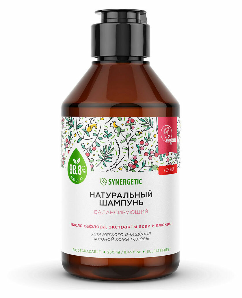 Шампунь для волос Synergetic Натуральный бессульфатный Балансирующий для мягкого очищения жирной кожи головы, 250 мл