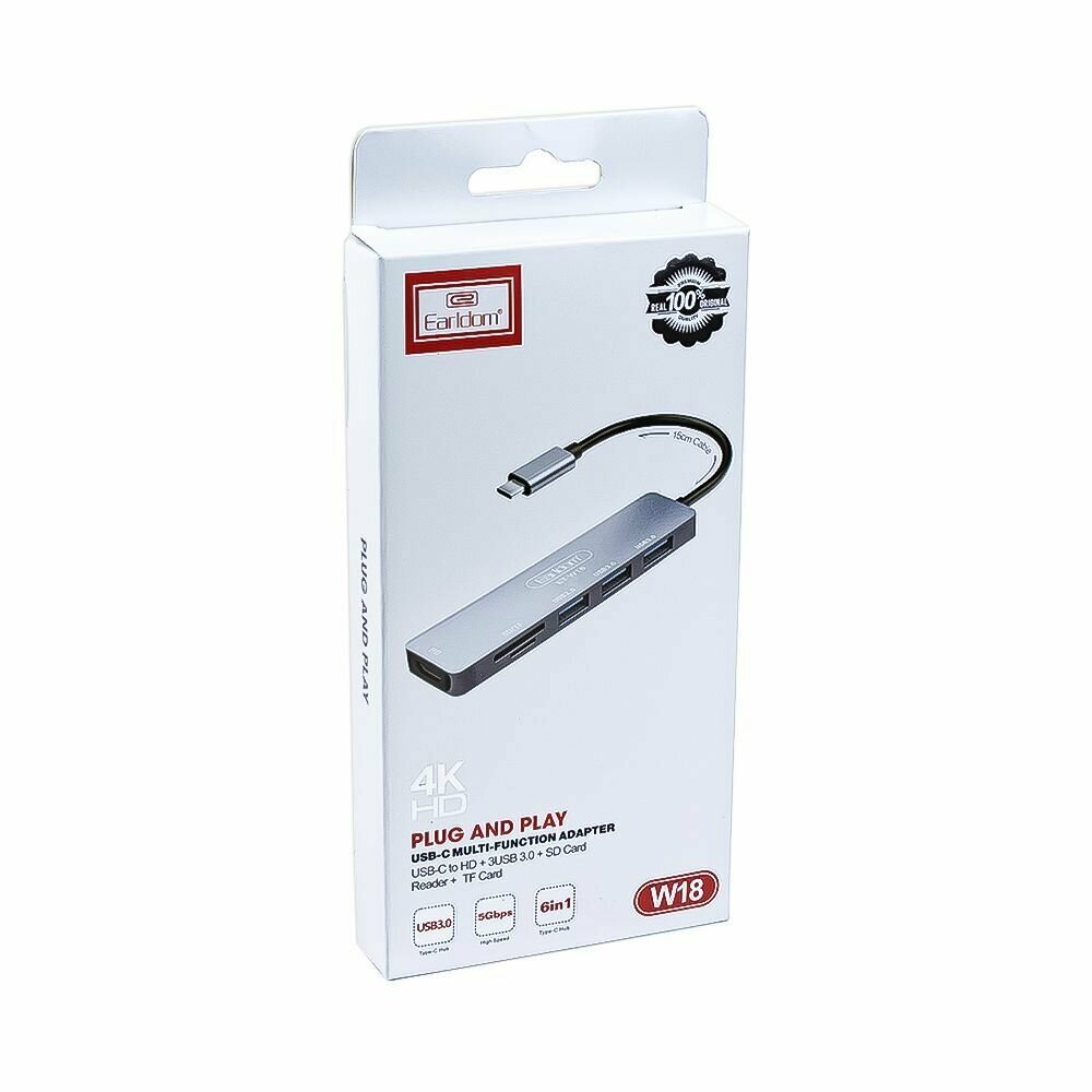 USB-хаб Earldom ET-W18 USB Type-C to HDMI 4K Adapter, MicroSD, SD, USB, серый