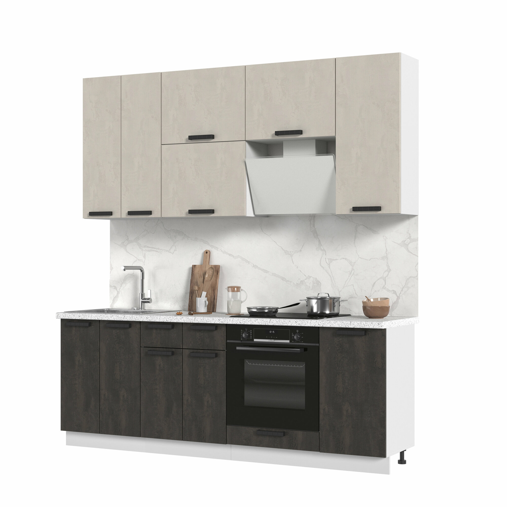 Кухонный гарнитур высокий, без столешницы, Кухня Пасаденна 220 см, h=2370мм, Белый / Шелковый камень, Угольный камень