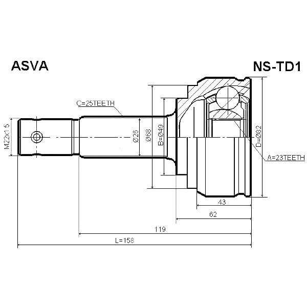 ASVA NS-TD1 (C9211EL00B) шрус наружный 23x49x25