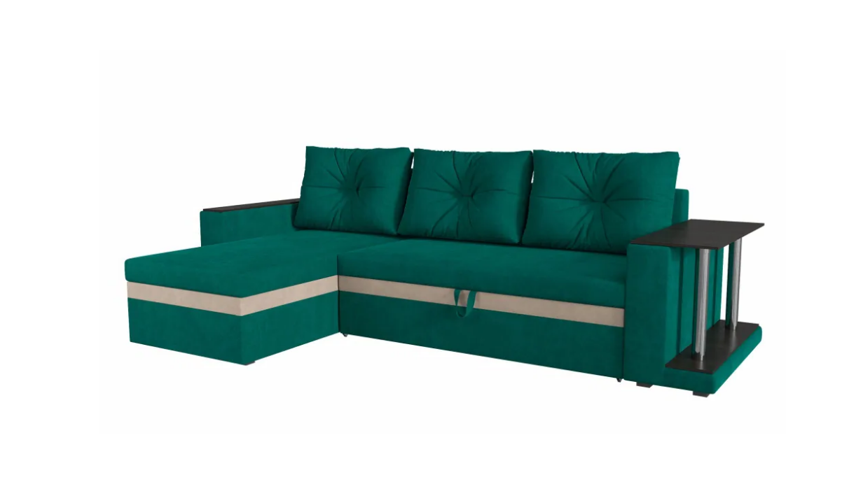 Угловой диван Атланта, Еврокнижка, Велюр, Зеленый/Светло-Бежевый, Угол левый , Ящик для белья, 248x130x83 см