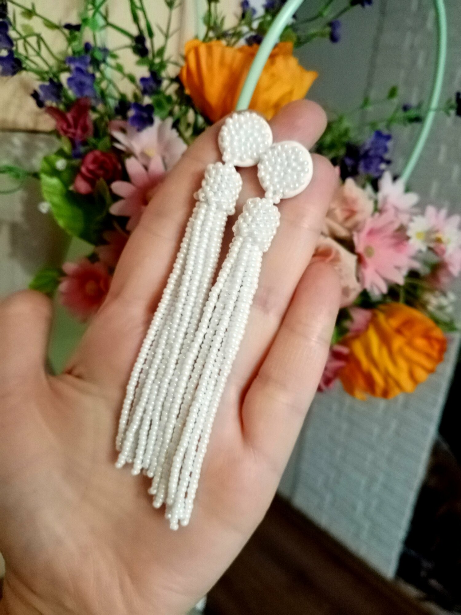 Серьги двусторонние, пусеты, бисер