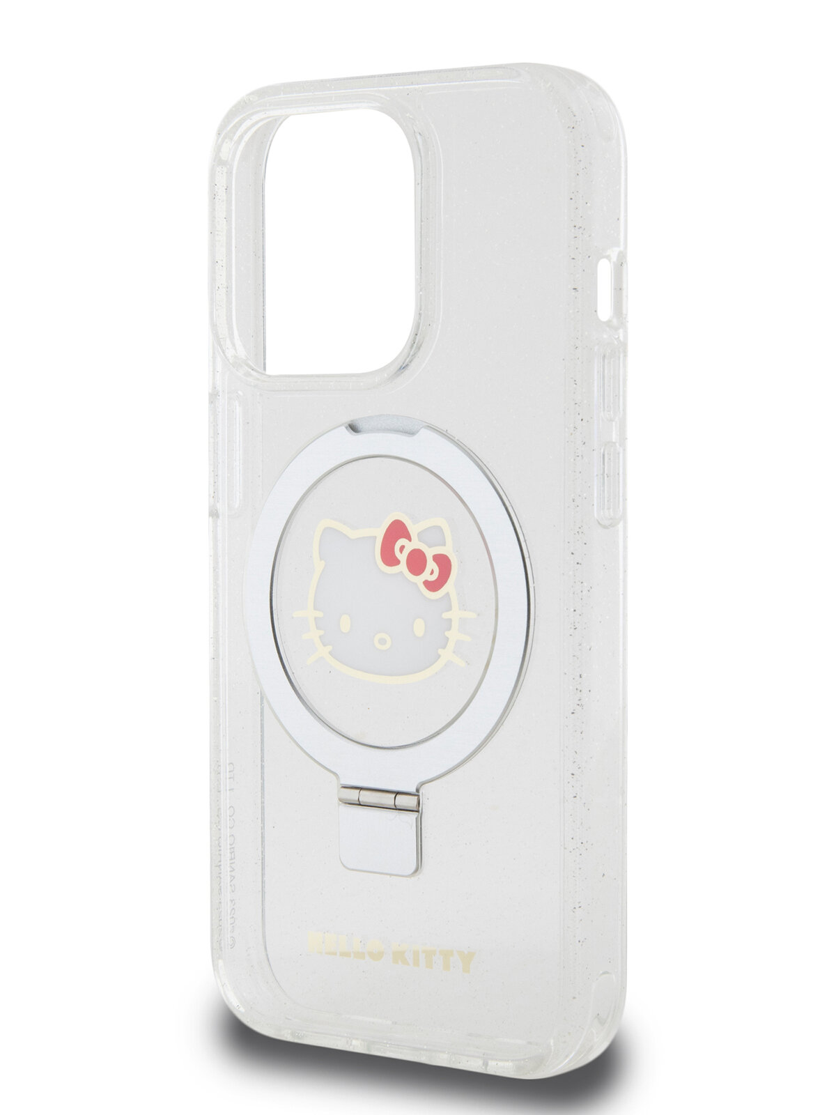 Hello Kitty для iPhone 15 Pro чехол PC/TPU Kitty Head + Ring Stand Hard Glitter Transp (MagSafe)