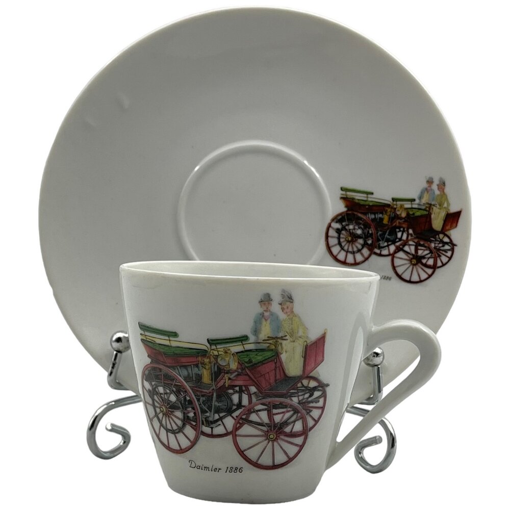 Кофейная пара "Ретромашины. Daimler 1886", фарфор, 1990-2000 гг, de Sologne Larcheveque, Франция