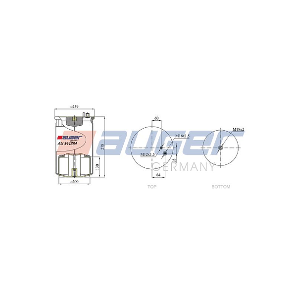 AUGER AU 344884-K пневмоподушка со стаканом 1шп. m12 1шп-шт. m16 смещ.35 поршень сталь 1отв. m18 \ man