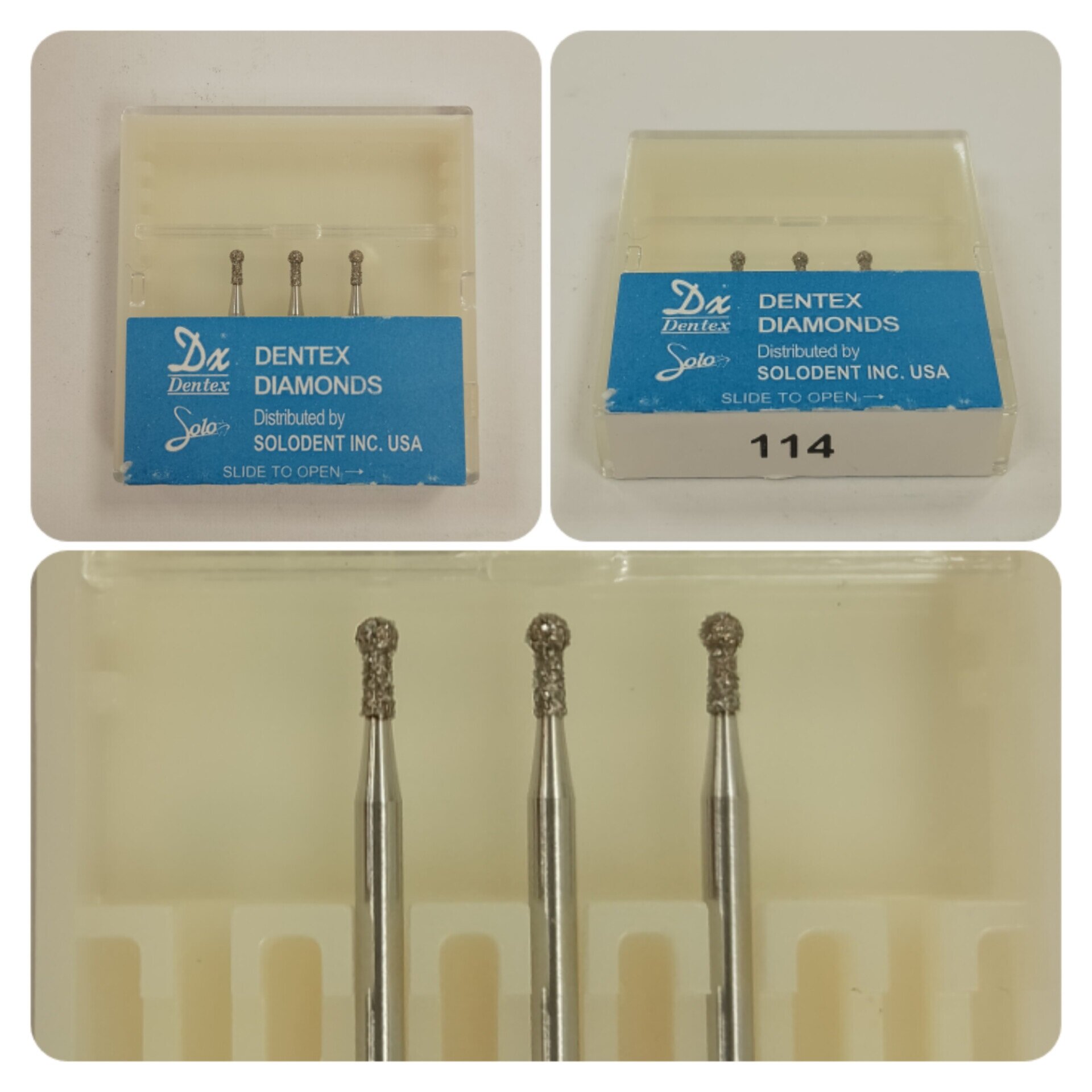 Боры стоматологические алмазные Dentex турбинные, шаровидные с юбочкой, №114 размер 014, 3 штуки