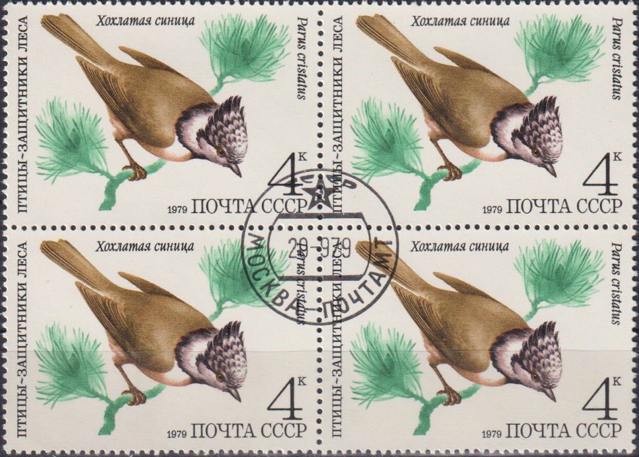 Почтовые марки СССР 1979г. "Защитники леса - Хохлатая синица" Птицы U