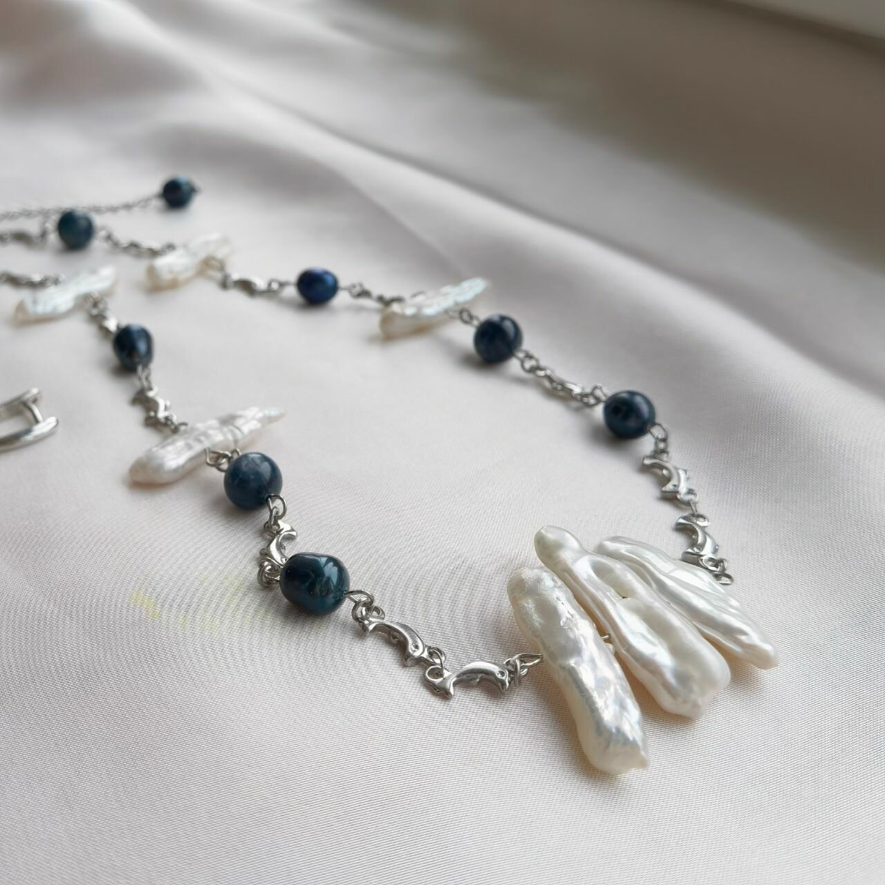 Серьги Камни Елены, кианит, жемчуг культивированный