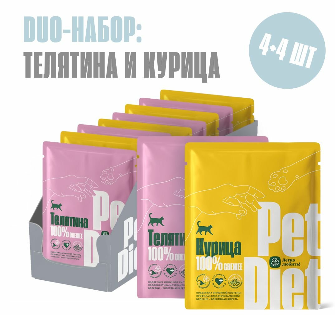 Дуо набор натурального корма из курицы и телятины Pet Diet, 8 пакетиков по 160 гр