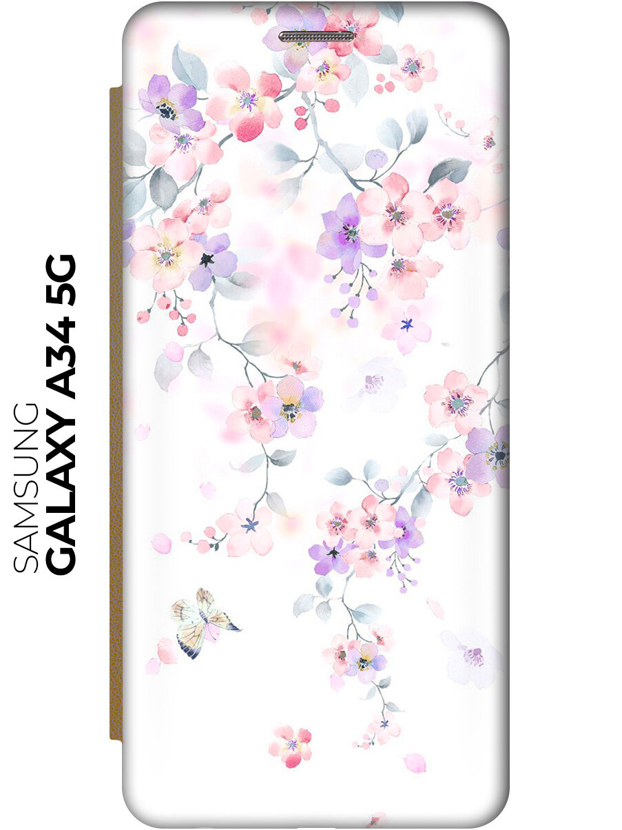 Чехол-книжка на Samsung Galaxy A34 5G / Самсунг А34 с рисунком "Акварельные цветы вишни" золотистый