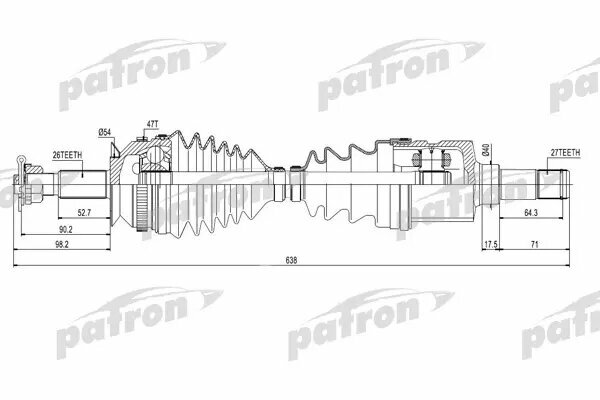 PATRON Привод лев.26X640X27 ABS 47T CHRYSLER VOYAGER IV 2,4 2,5 CRD 00-08