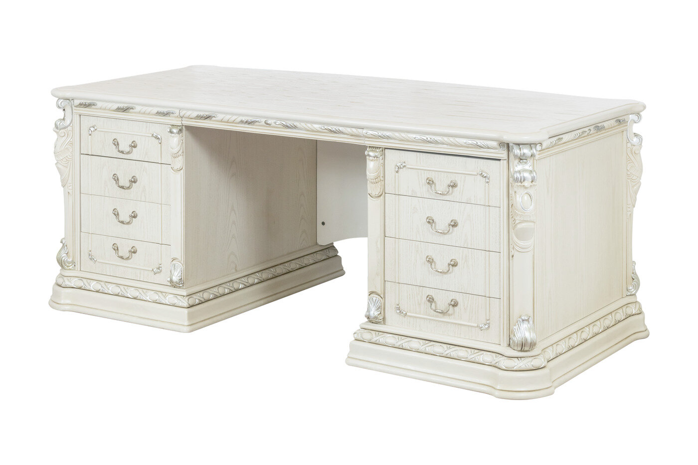 Стол компьютерный Margaret письменный прямой рабочий офисный для компьютера с ящиками белый, мебель классика для кабинета в квартире и офисе из дерева