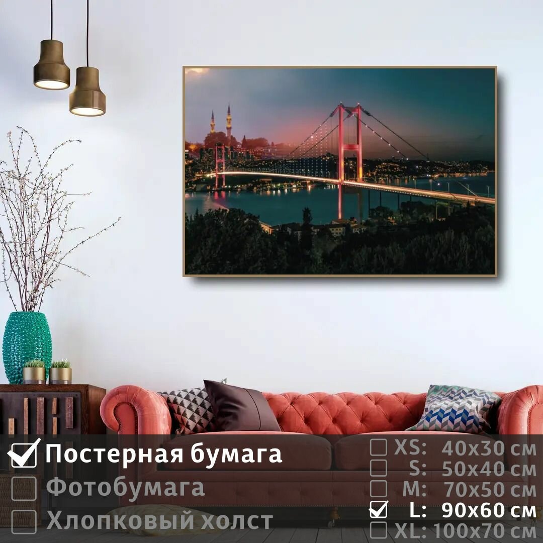 Постер на стену Мост Через Реку В Турции В Ночном Городе 90х60 см ПолиЦентр