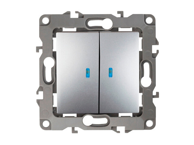 ЭРА выключатель 2-клавишный серия 12 с индикатором алюминий, металлический корпус