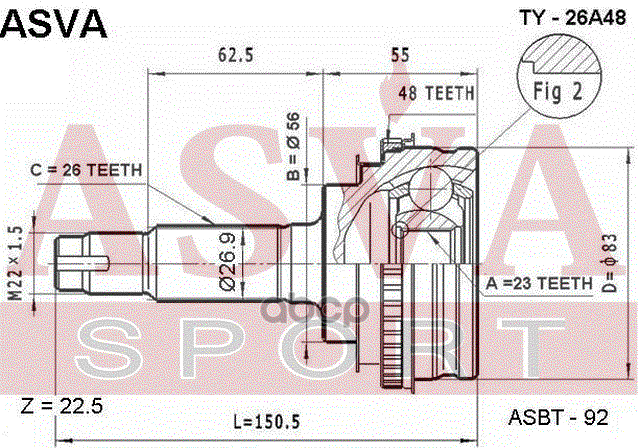 Шрус наружный 23x56x26 TOYOTA TOYOTA : RAUM EXZ10 COROLLA SPRINTER AE-80-110 CORONA CARINA CALDINA A ASVA арт. ty-26a48