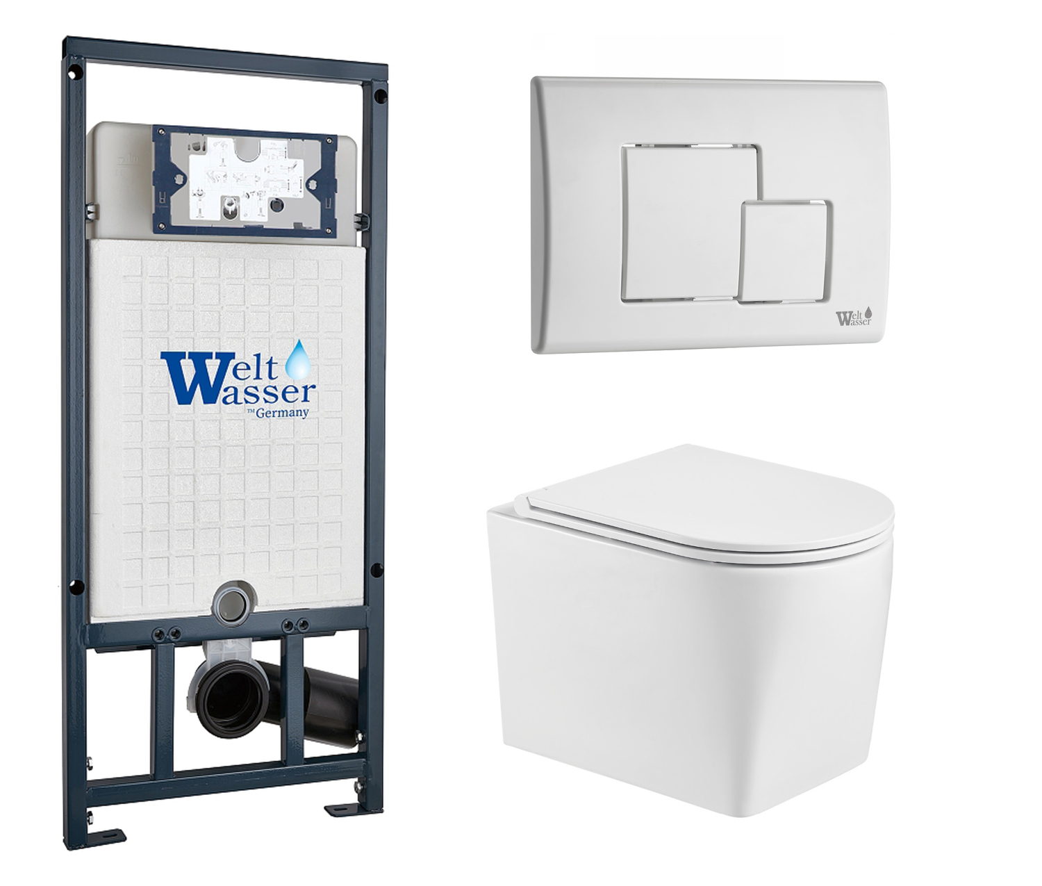 Комплект 3 в 1 инсталляция WeltWasser WW Marberg 507 + Подвесной унитаз WeltWasser Nesenbach 004 GL-WT с кнопкой белой SE 10000005949 + 10000010237 + 10000010236