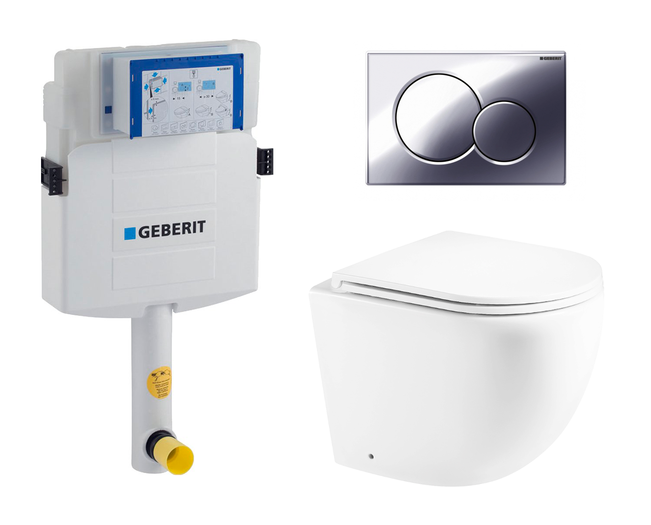 Комплект 3 в 1 смывной бачок скрытого монтажа Geberit Duofix UP320 + Унитаз приставной Enio Unico EN5104885 + Кнопка Geberit Sigma 01 хром