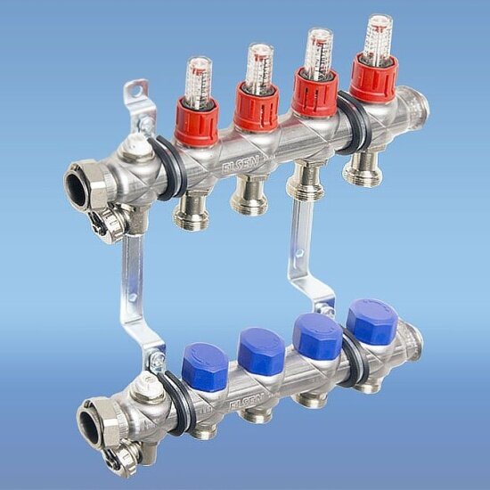 Коллекторная группа Elsen из нержавеющей стали 1" с вентилями и расходомерами, 10 контуров 3/4"