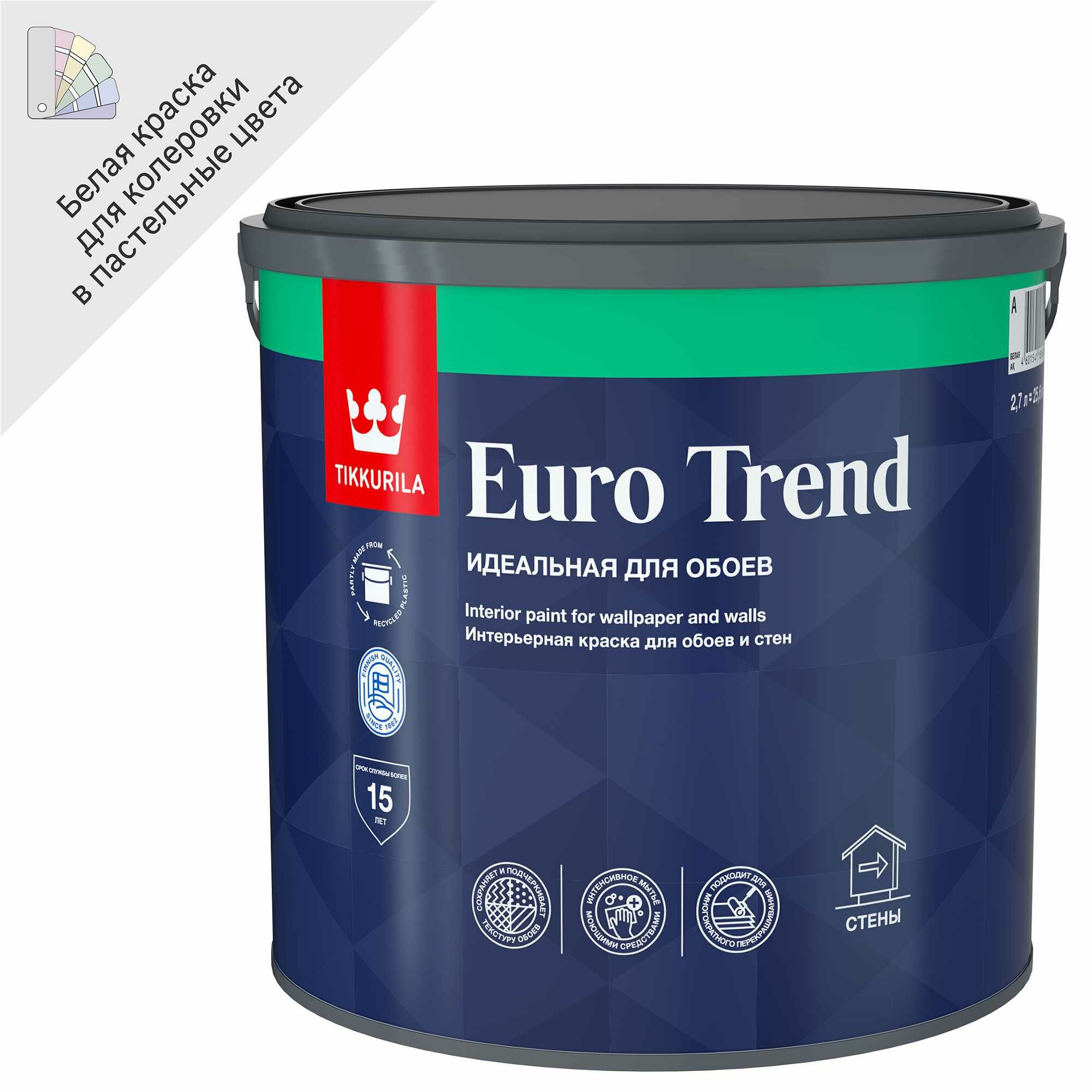 Краска интерьерная моющаяся для обоев и стен Tikkurila Euro Trend База A белая матовая 2.7 л