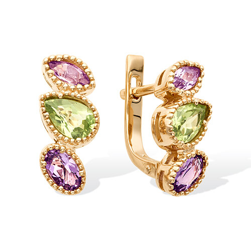 Серьги, золото, 585 проба, аметист, хризолит