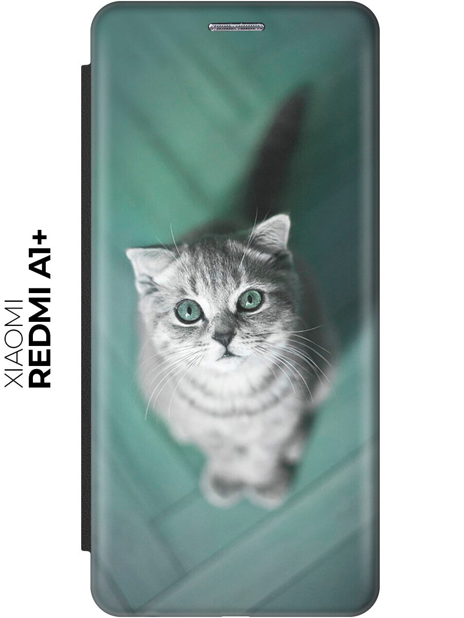 Чехол-книжка на Xiaomi Redmi A1+ / A2+ / Poco C50 / C51 / Сяоми Редми А1 Плюс / А2 Плюс / Поко С50 / С51 с рисунком "Котик на зеленом полу" черный