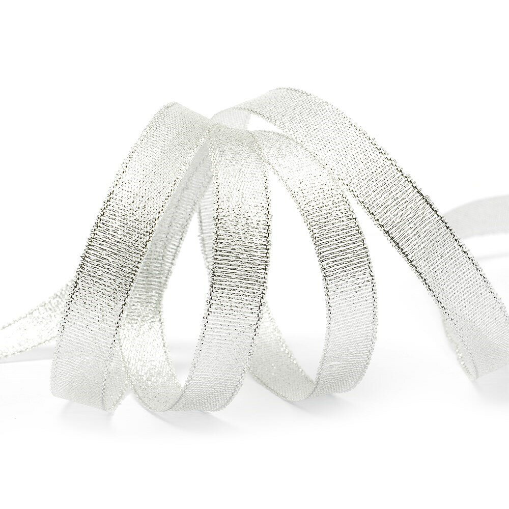 Лента подарочная с люрексом 12мм / лента упаковочная для подарков цв. серебро (22 метра)