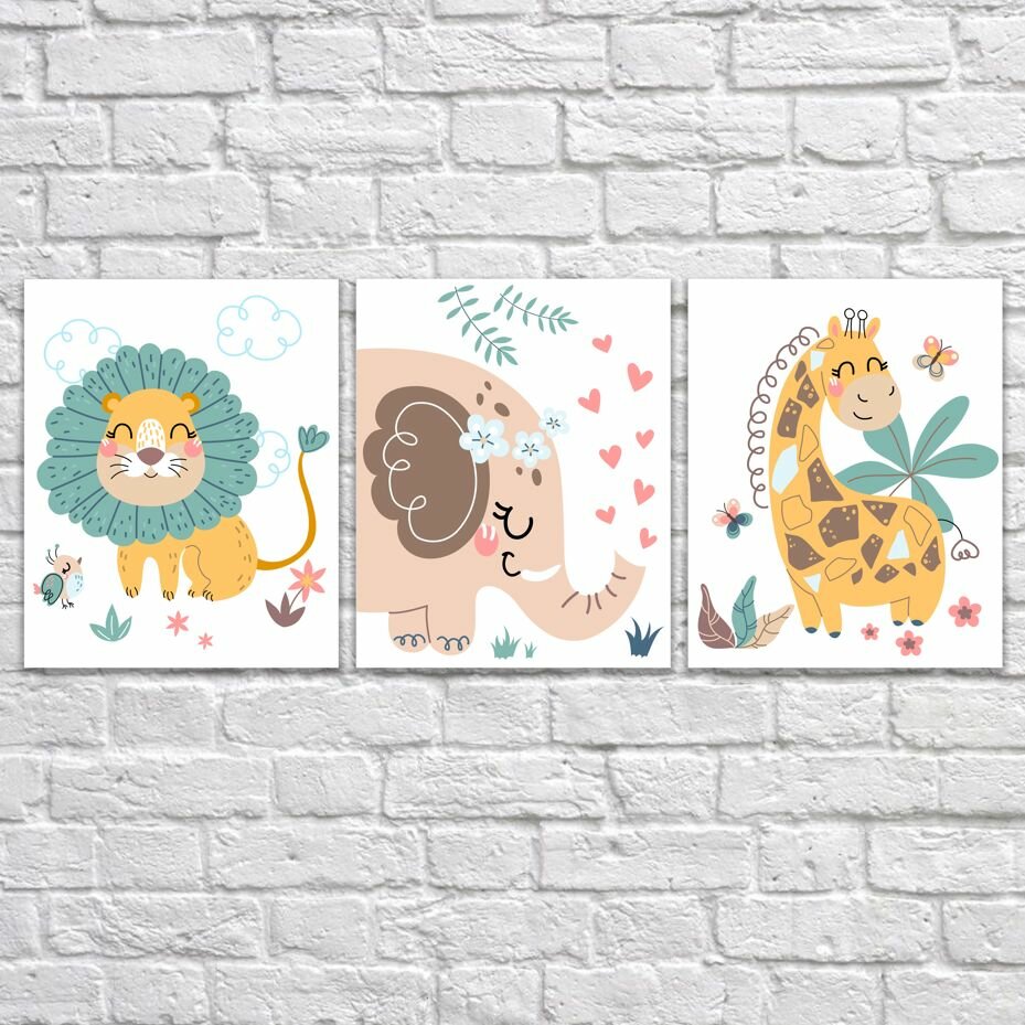 Интерьерная модульная картина в детскую комнату "Веселые зверята" на натуральном хлопковом холсте, большая, в наборе 3 вертикальные картины, размер каждой 40х60 см, общий размер 120х60 см.