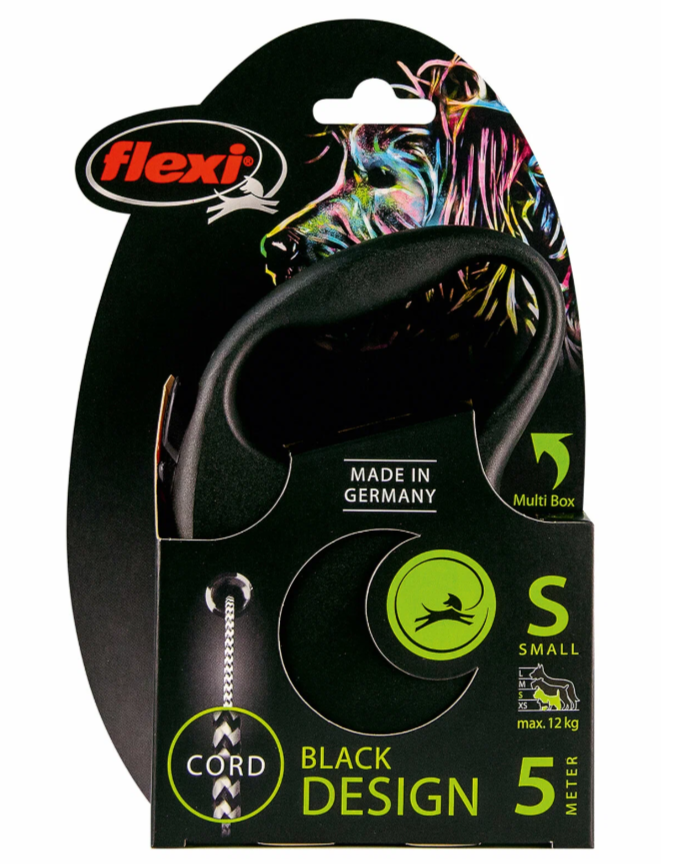 Поводок-рулетка для собак Flexi Black Design S тросовый 5 м 34 мм черный/серебро