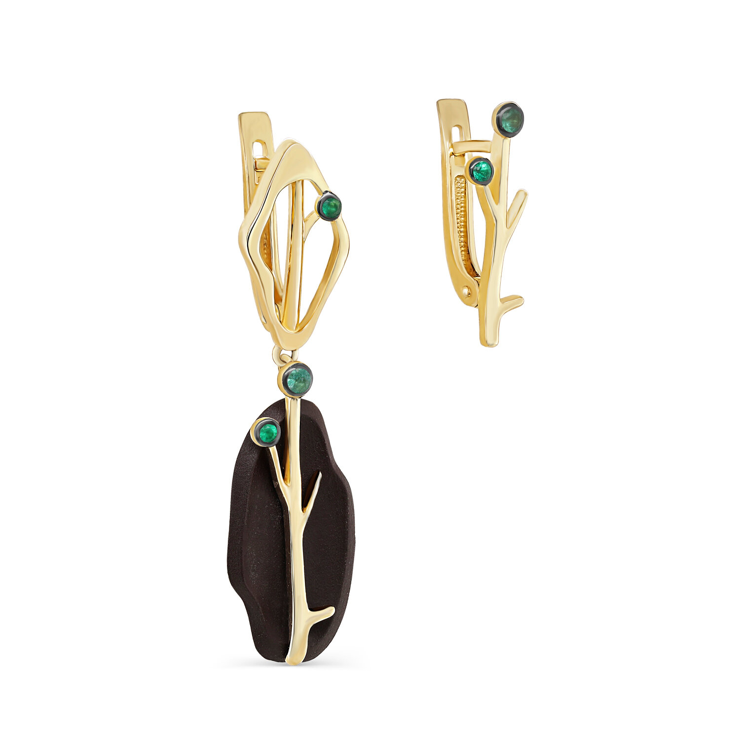 Серьги, желтое золото, 585 проба, изумруд, фарфор