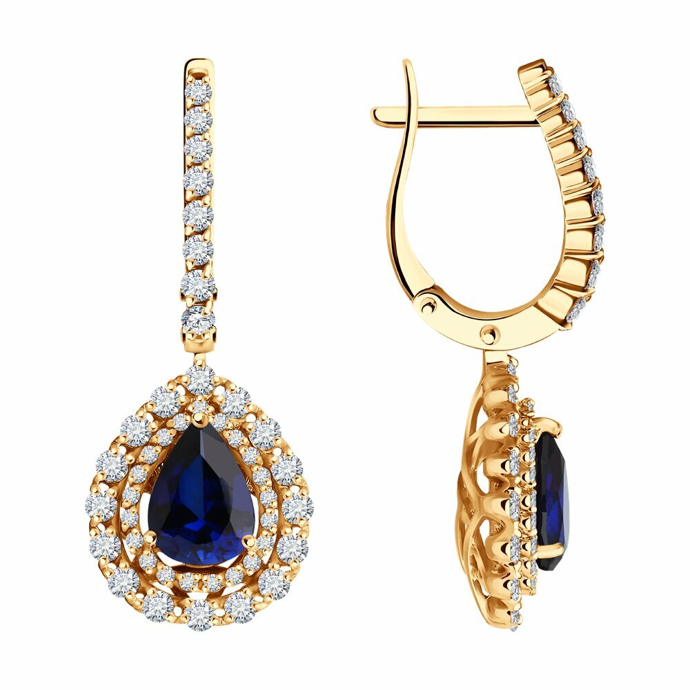 Серьги, красное золото, 585 проба, бриллиант, сапфир